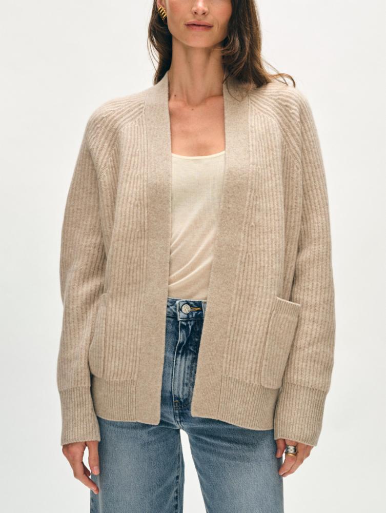 White + Warren - Cashmere Ribbed Open Cardigan in Sandwisp Heather ...