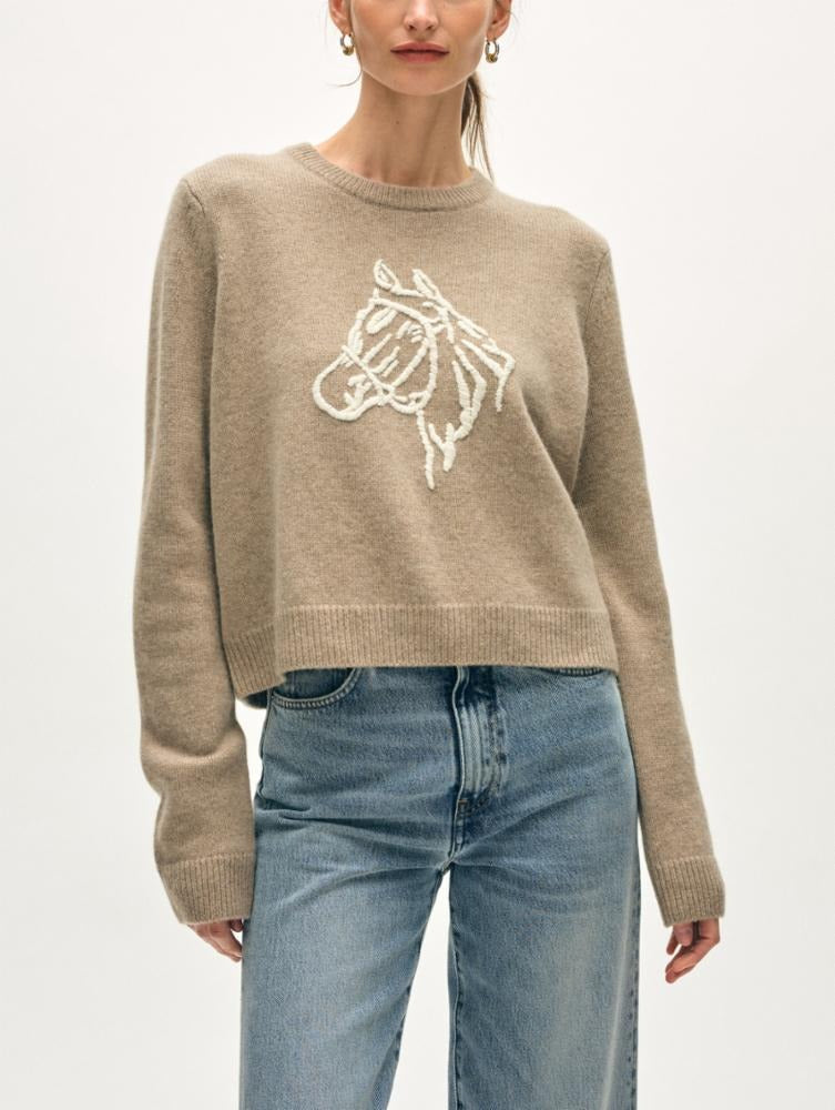 White + Warren - Cashmere Blend Horse Embroidered Crew in Misty – Blond ...