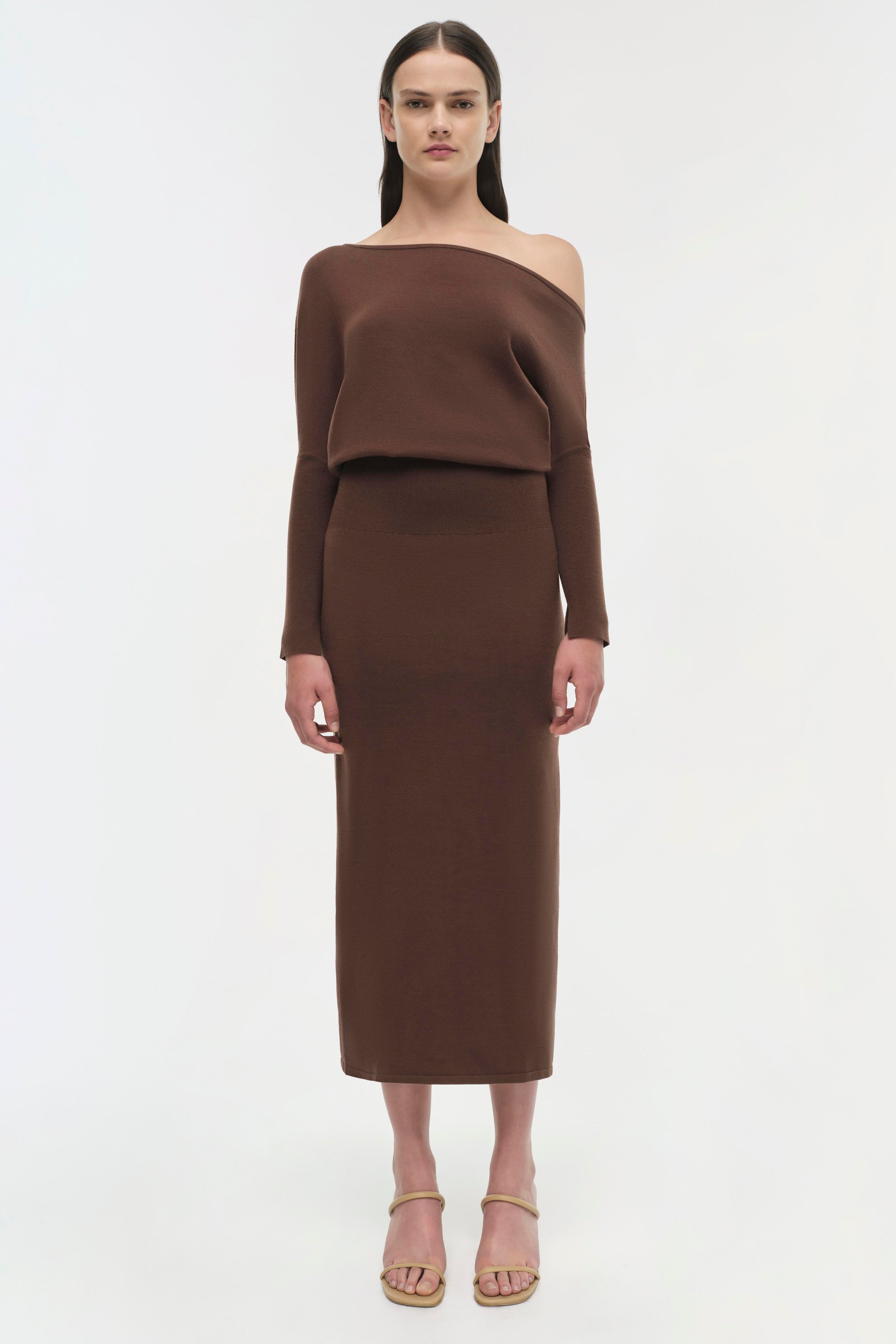 SIMKHAI - Janese Off Shoulder Midi Dress in Chocolate – Blond Genius