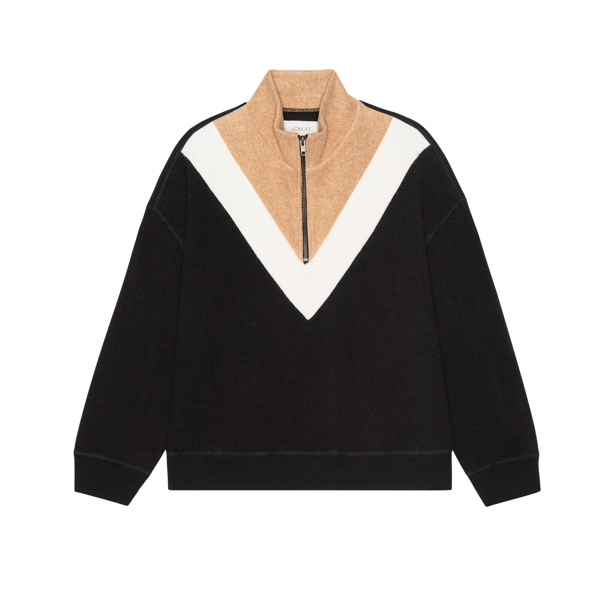 The Great - The Colorblock Plush Chalet Sweatshirt in Almost Black ...